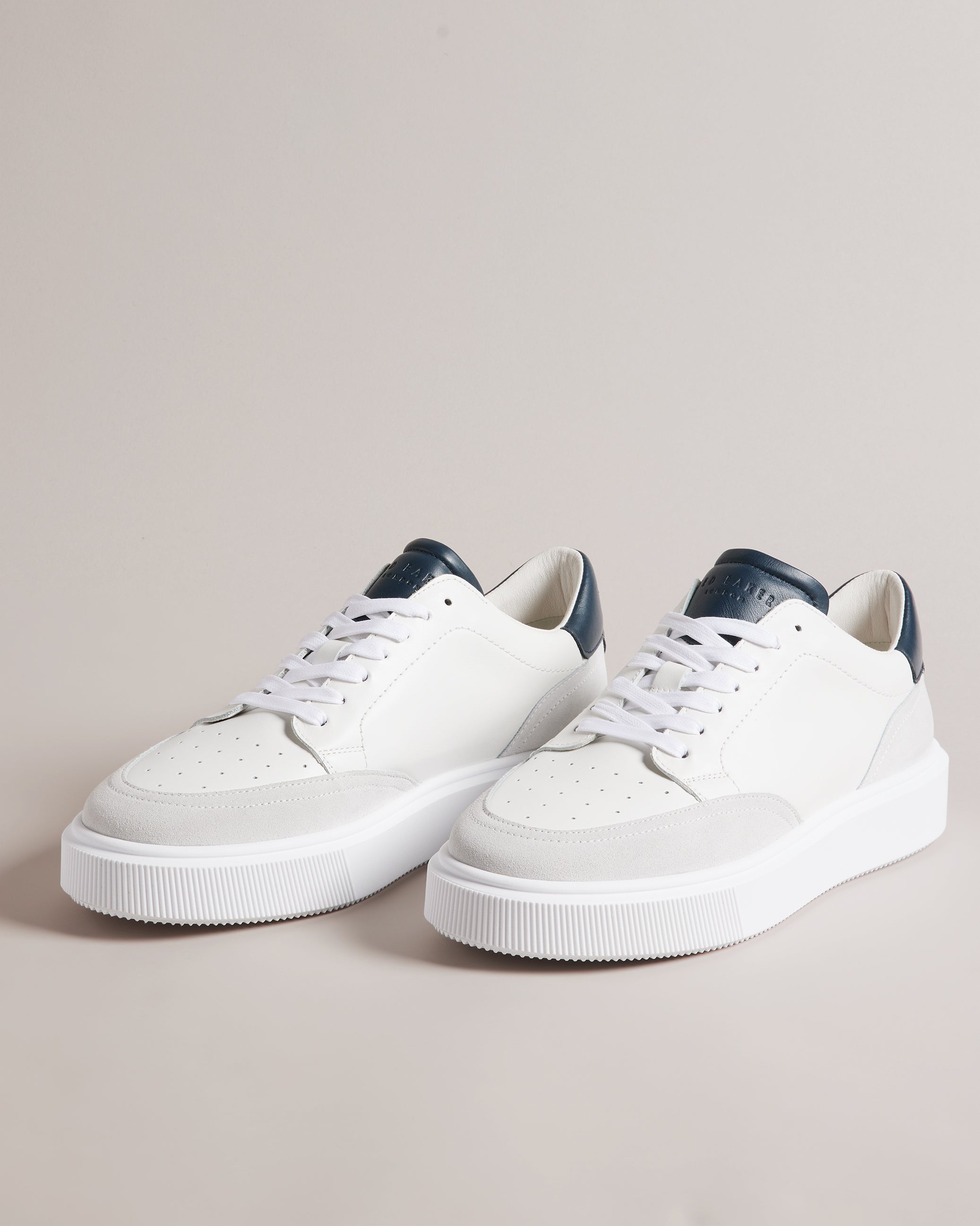 Shop Luigis Inflated Sole Leather And Suede Trainers Shoes White-Navy ...